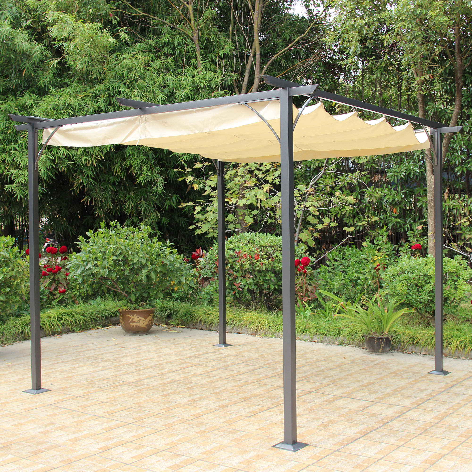 Island Retreat Retractable Roman Shade Pergola Canopy - Champagne ...