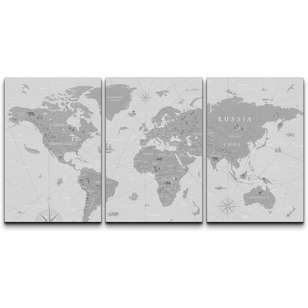 IDEA4WALL World Map Global - 3 Piece Print on Canvas & Reviews | Wayfair