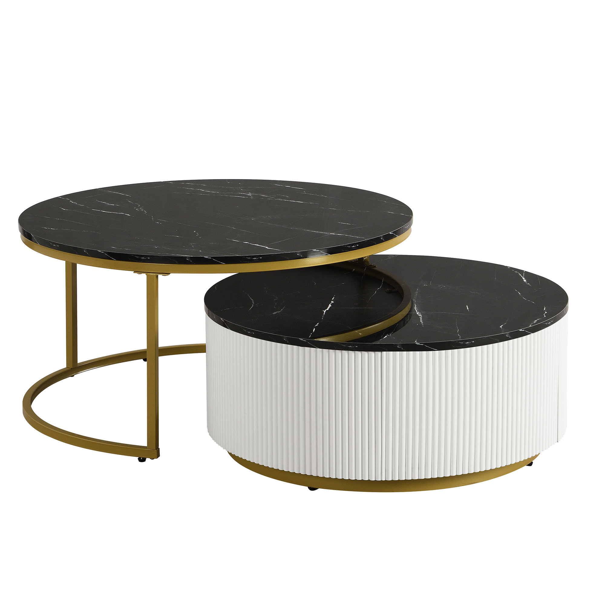 Mercer41 Modern Round Nesting Coffee Table Fluted With Drawer In 27.6 ...