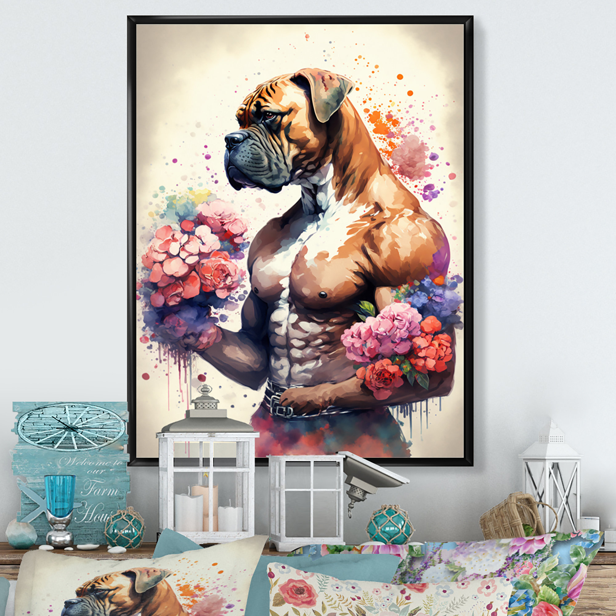 Trinx Cute Boxers Floral Art - Floater Frame Graphic Art on Canvas ...