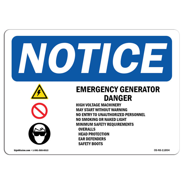 SignMission OSHA Notice - Emergency Generator Danger High Sign With ...