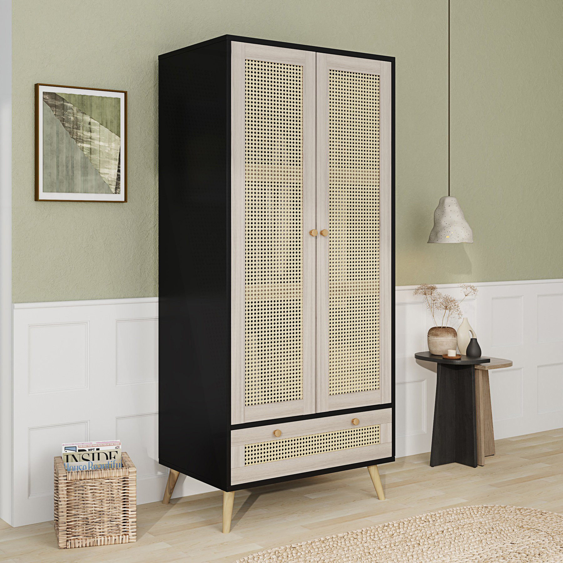 Ophelia & Co. Armoire Wardrobe Closet With 2 Rattan Doors & 1 Drawer ...
