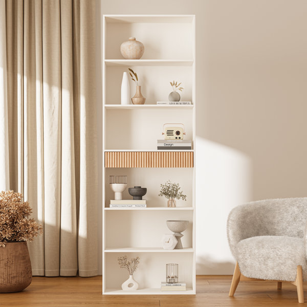 Latitude Run® 72" Tall Bookshelf with Fluted Drawer, 6-Tier Modern ...