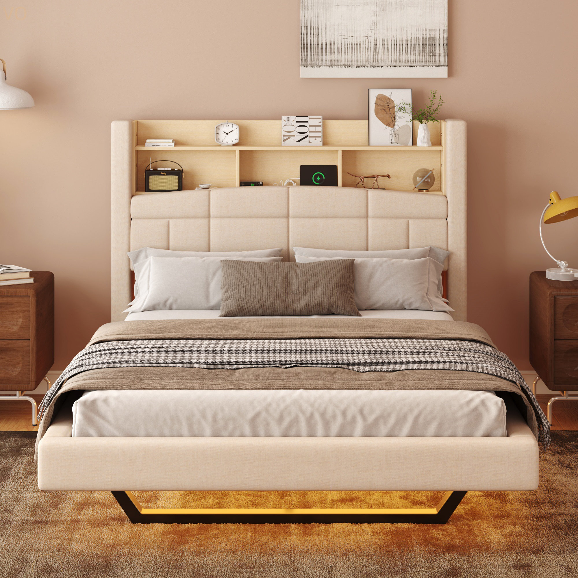 Ivy Bronx Kejon Upholstered Floating Bed with LED and Storage Headboard ...
