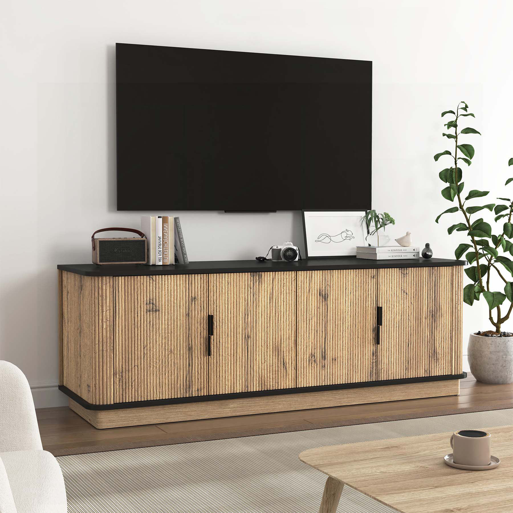 George Oliver Natural Wood Grain Four-Door MDF TV Cabinet, a Perfect ...