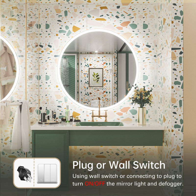 Orren Ellis Toke Round Frontlit LED Bathroom Mirror with Brightness ...