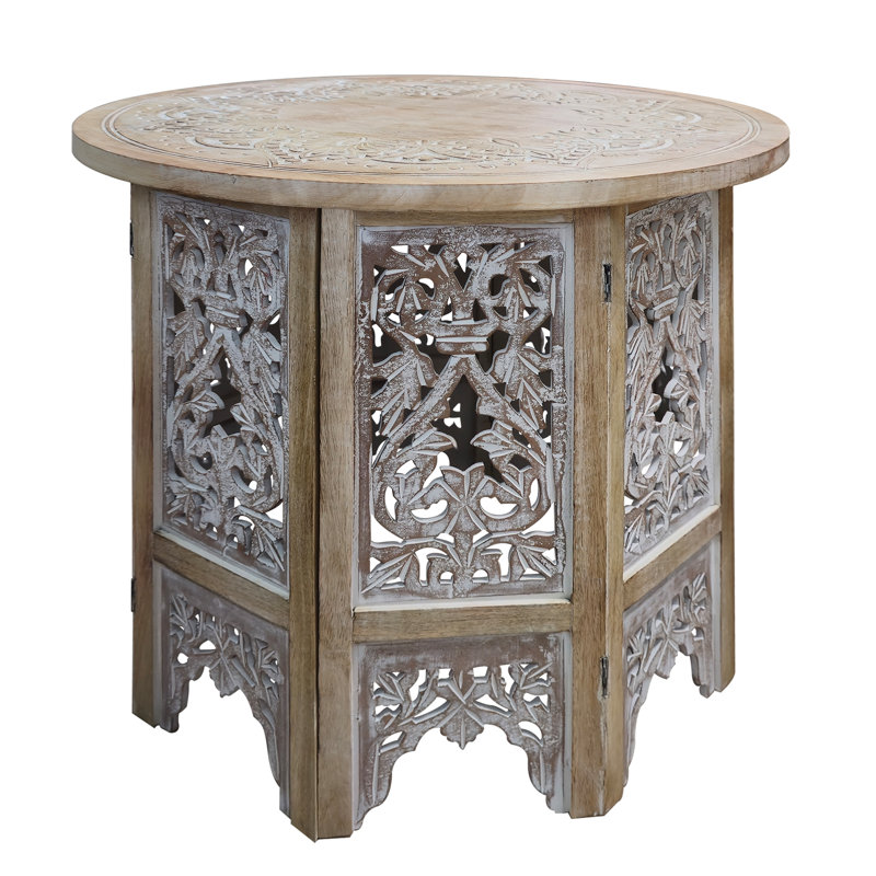 Bungalow Rose Accent Side Table, 24 Inch Round Top, Mango Wood Floral ...