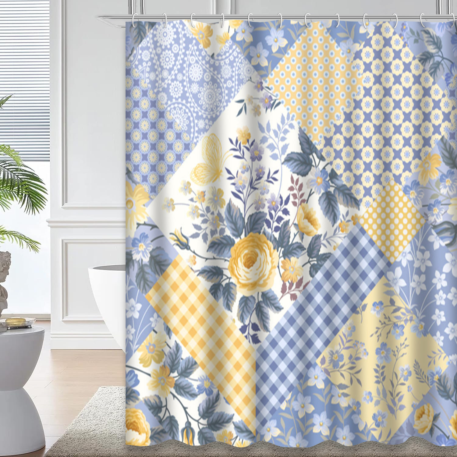 East Urban Home Blue Gray Waterproof Shower Curtain,Floral Patchwork with Roses Flower Vintage ...