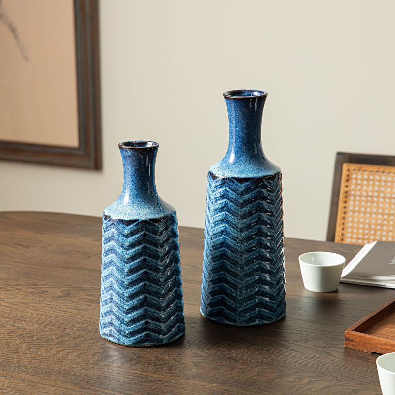 Glitzhome Modern Brilliant Blue Chevron Ceramic Table Vases | Wayfair