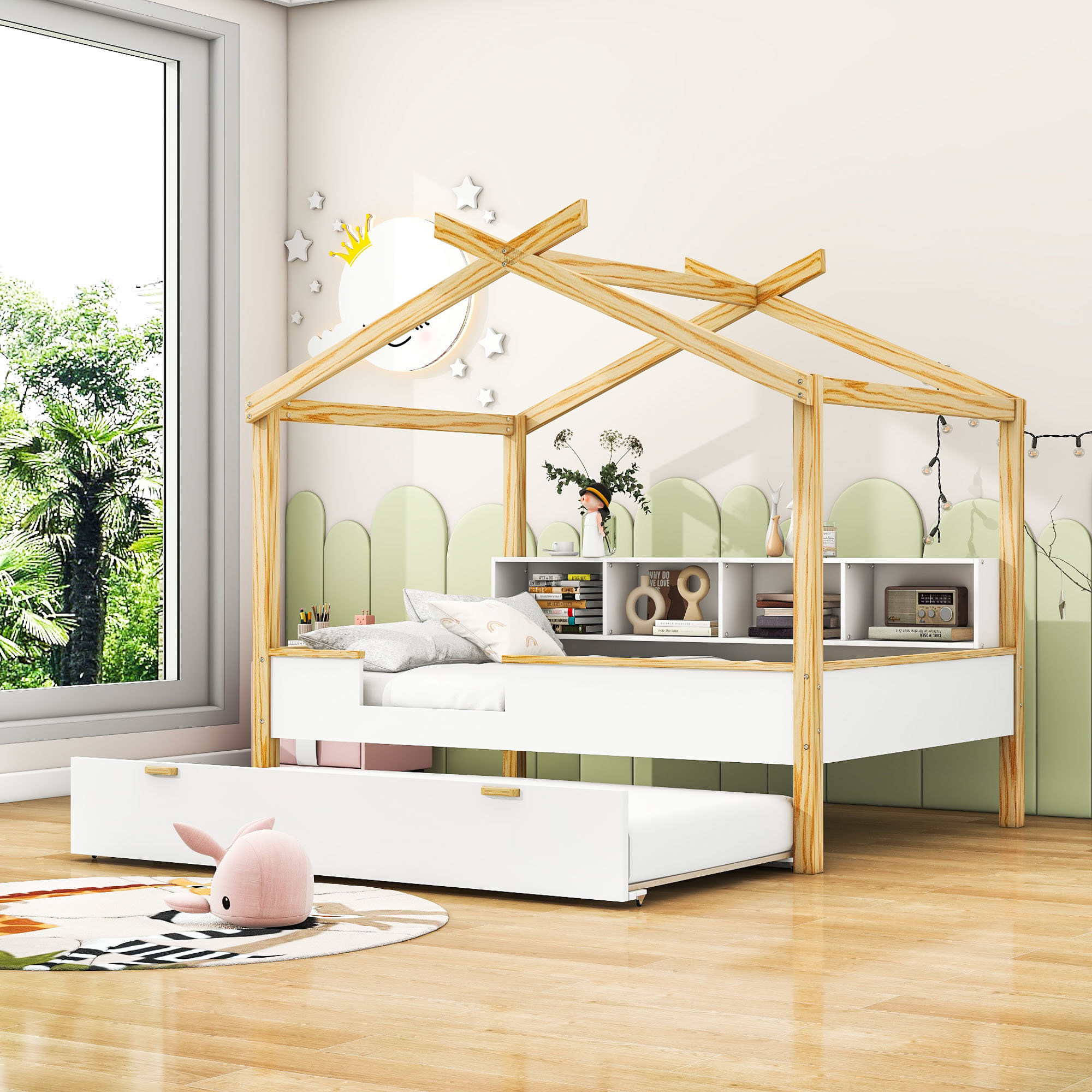 Harper Orchard Wood Full House Bed with Bookshelf and Twin Trundle ...