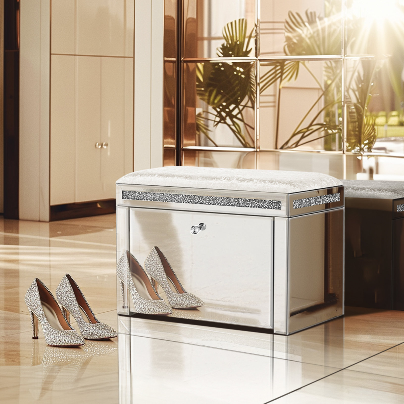 Everly Quinn Pre-Assembled Mirrored Shoe Storage Bench With Flip Drawer ...