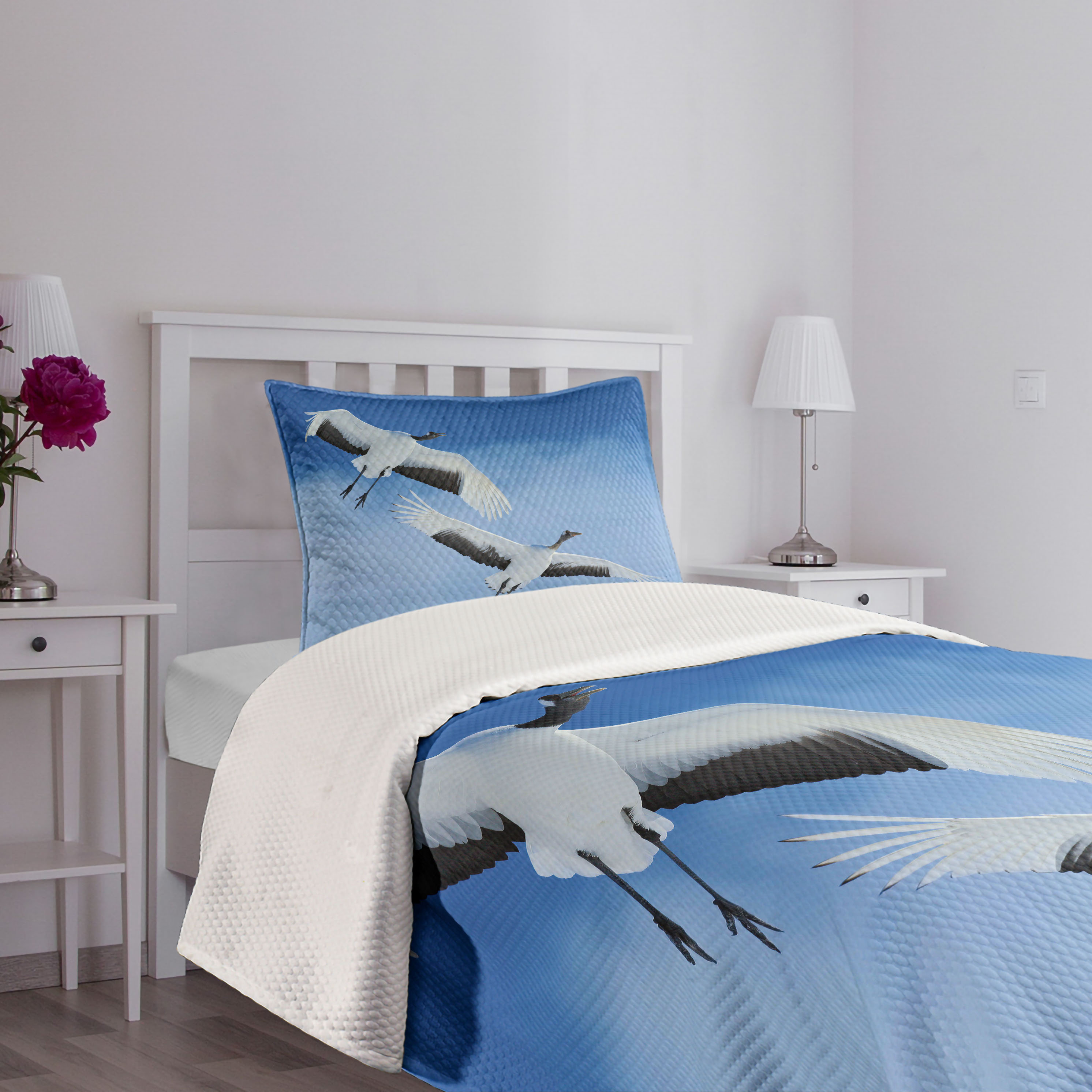 Ambesonne Bird Bedspread Set Red Crowned Cranes Japan Blue White Black ...