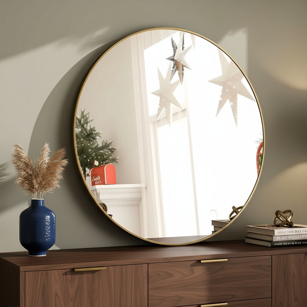 East Urban Home 24-Inch Gold Round Wall-Mounted Bathroom Mirror, Easy ...