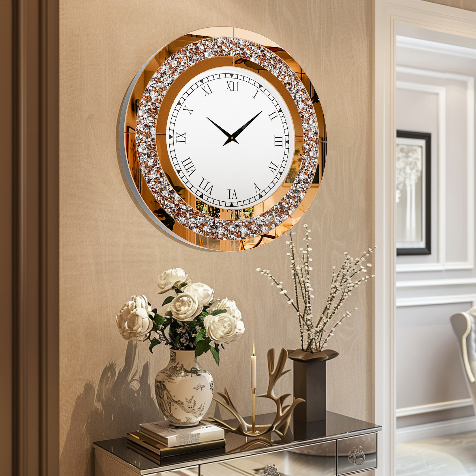 Rosdorf Park Large Round Mirrored Wall Clock Crystal Crushed Diamond ...