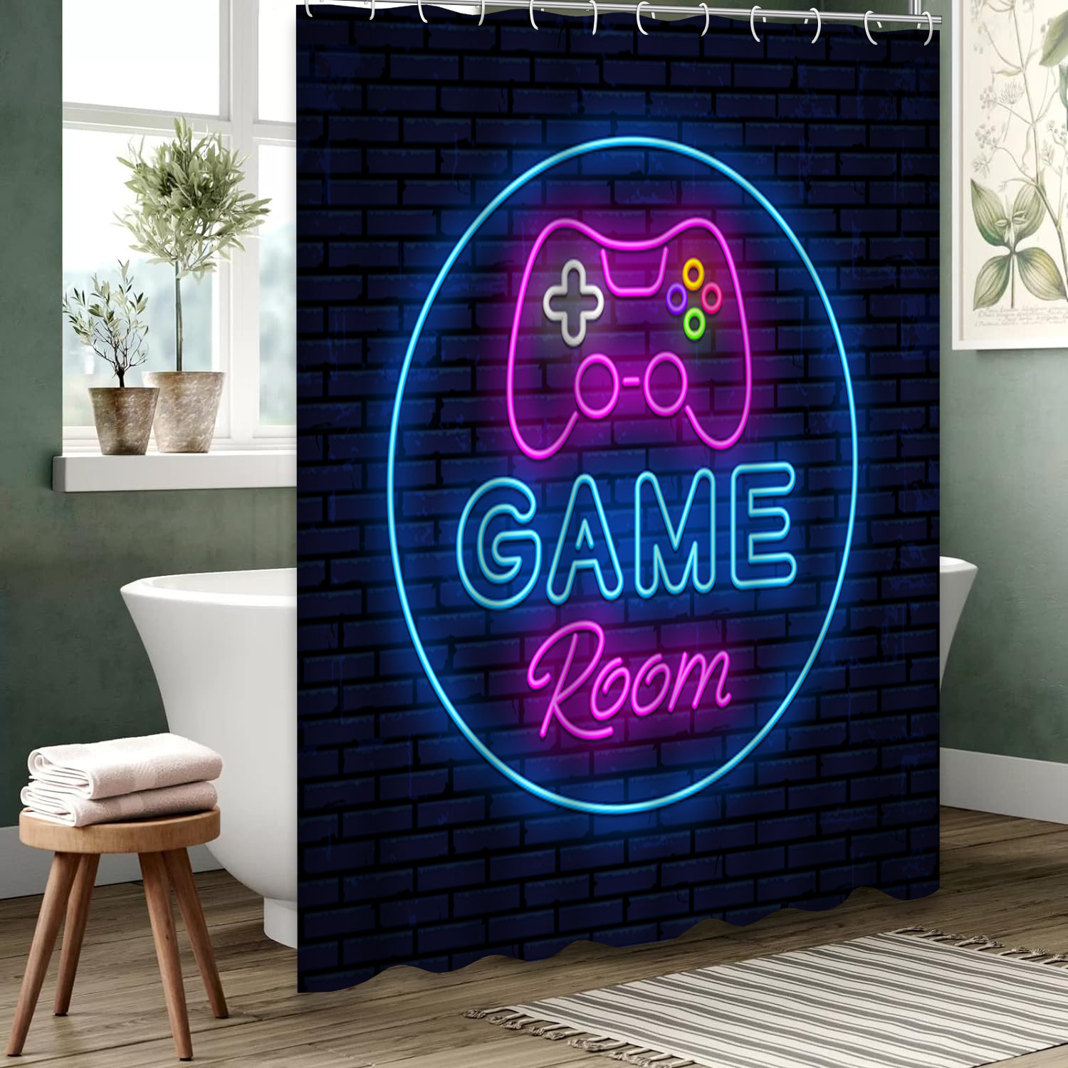 East Urban Home Waterproof Game Shower Curtain with Neon Sign and ...