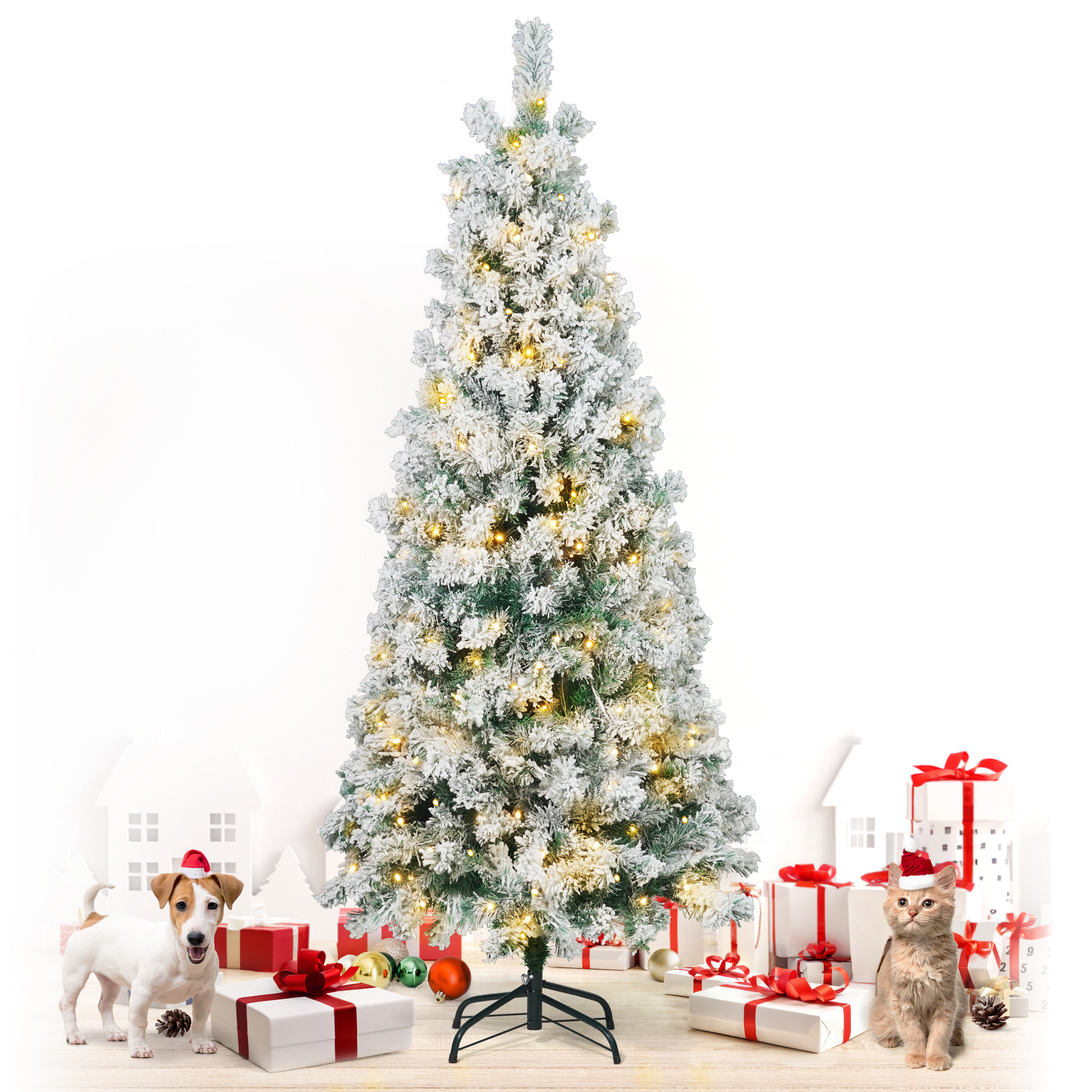 CAPHAUS Artificial Pre-lit Flocked Pencil Christmas Tree w/ LED Lights ...