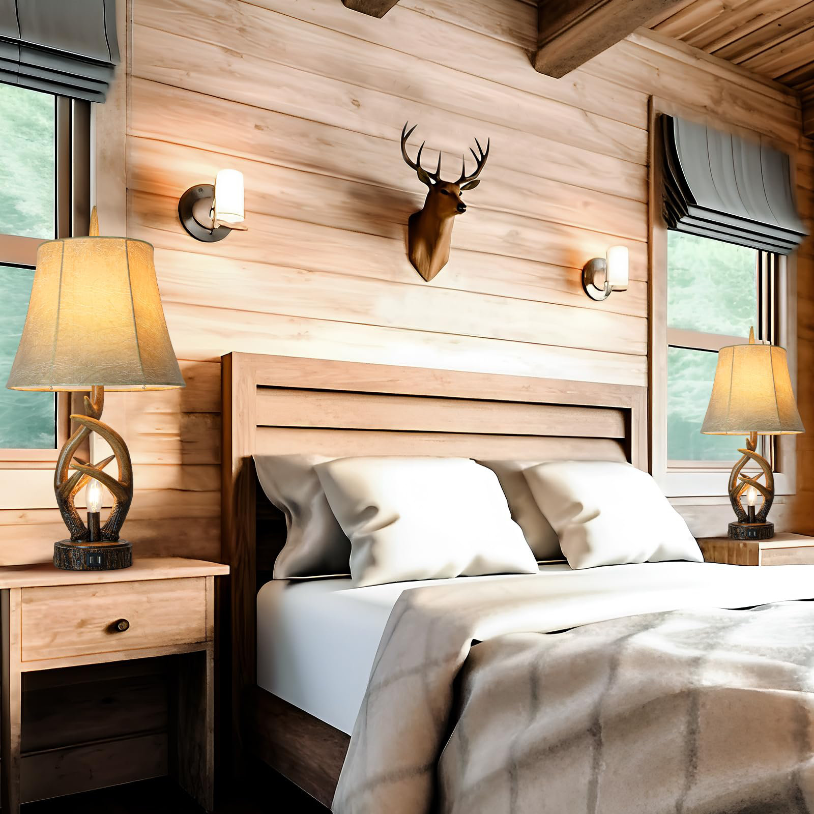 Loon Peak® Rustic Farmhouse Antlers Bedside Table Lamp Set Of 2 With ...