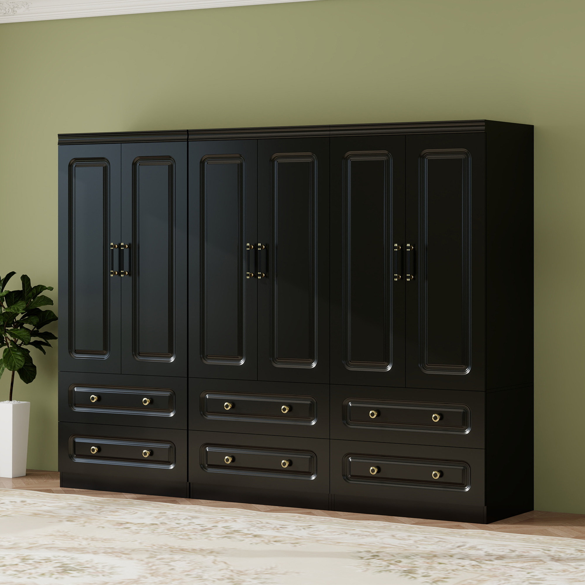 Red Barrel Studio Elegant Black Armoire Wardrobe Closet with Six Doors, Golden Handles and Deep ...