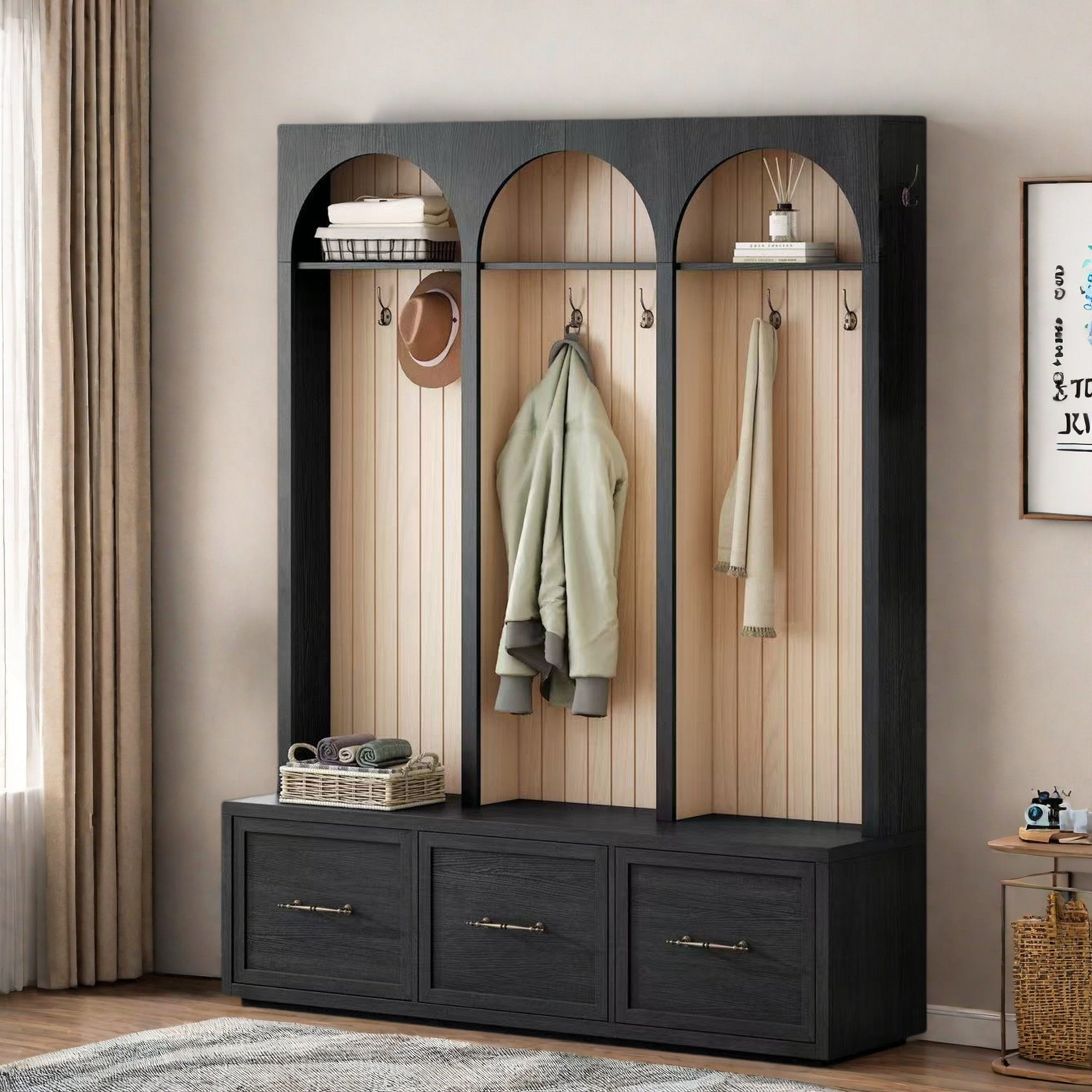 Hokku Designs Farmhouse Wooden Style Hall Tree With Arched Design ...