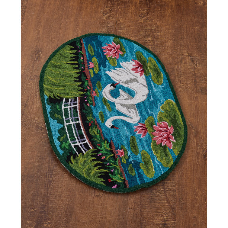 Peking Handicraft Swans with Lotus Flower Wool Hook Rug | Wayfair