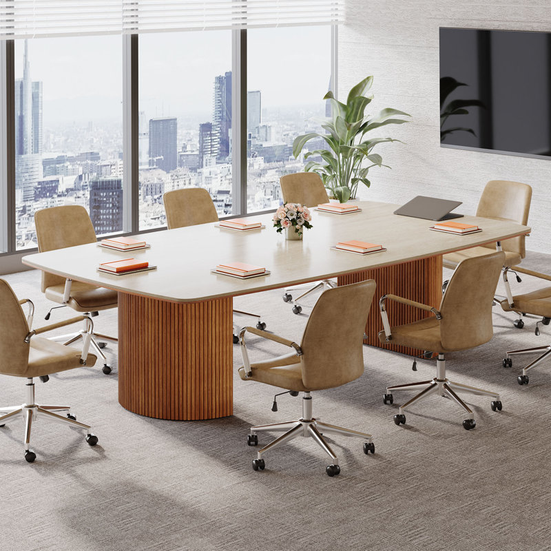 Inbox Zero Conference Table With Unique Travertine Slab Top And Semi ...