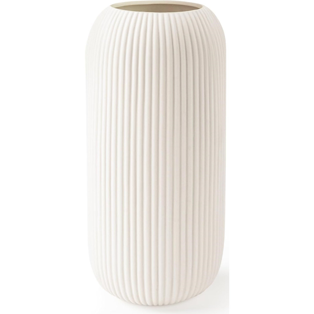 Ebern Designs White Ceramic Ribbed Textured Flower Vase | Wayfair