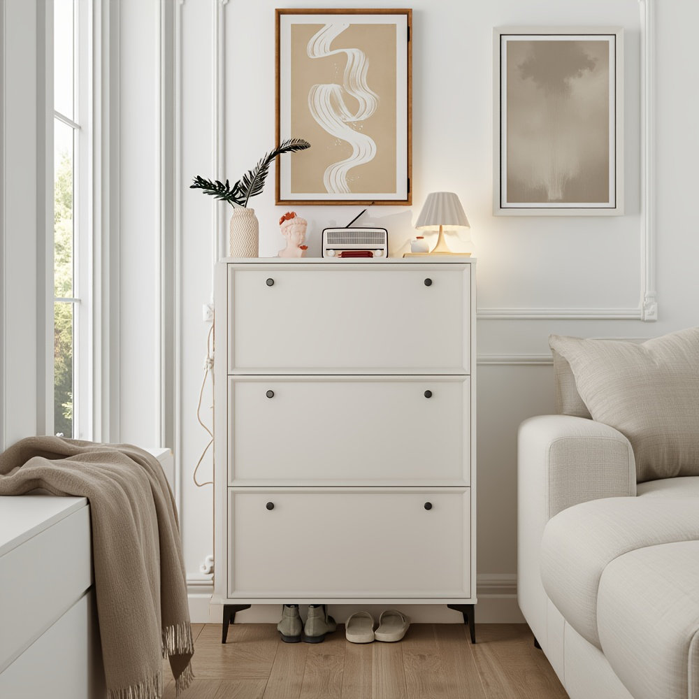 George Oliver Modern White Shoe Cabinet With 3 Flip Drawers – Narrow 9. ...