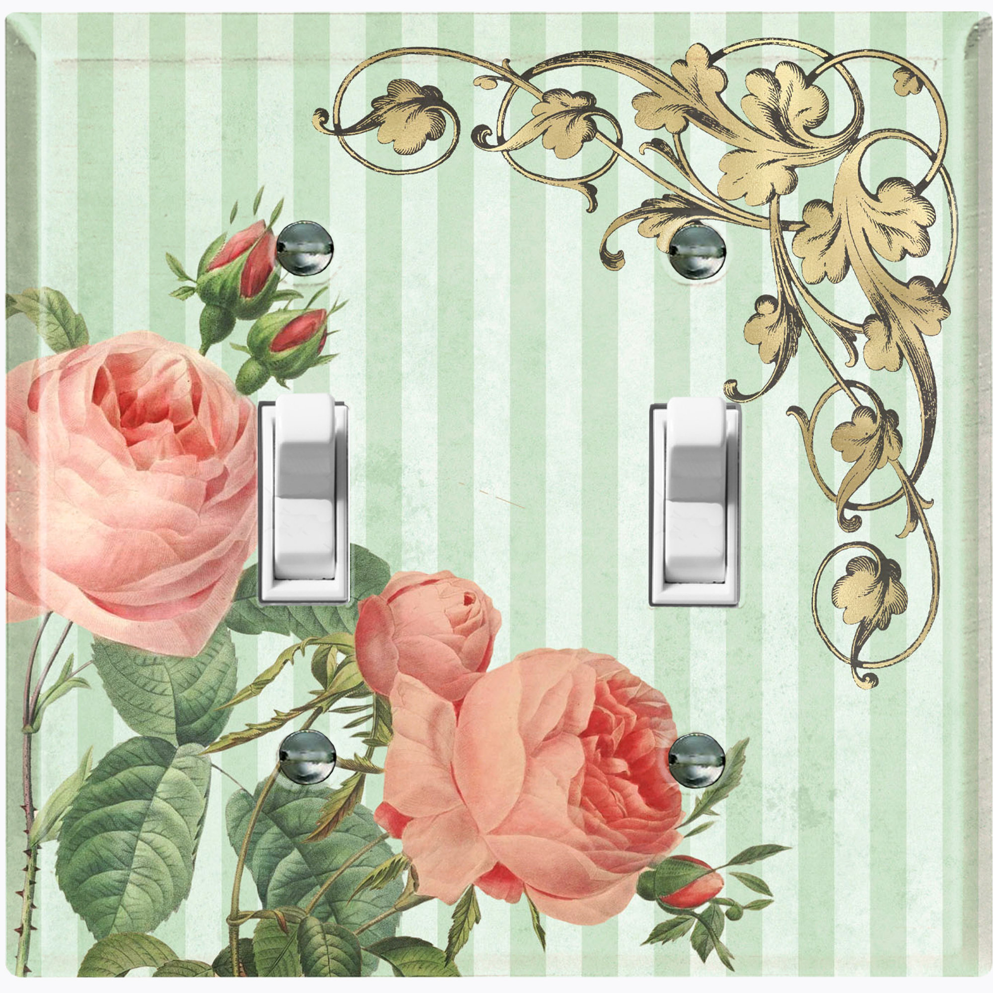 WorldAcc Pink Roses Flower Leaves Green Stripes Frame 2-Gang Toggle ...