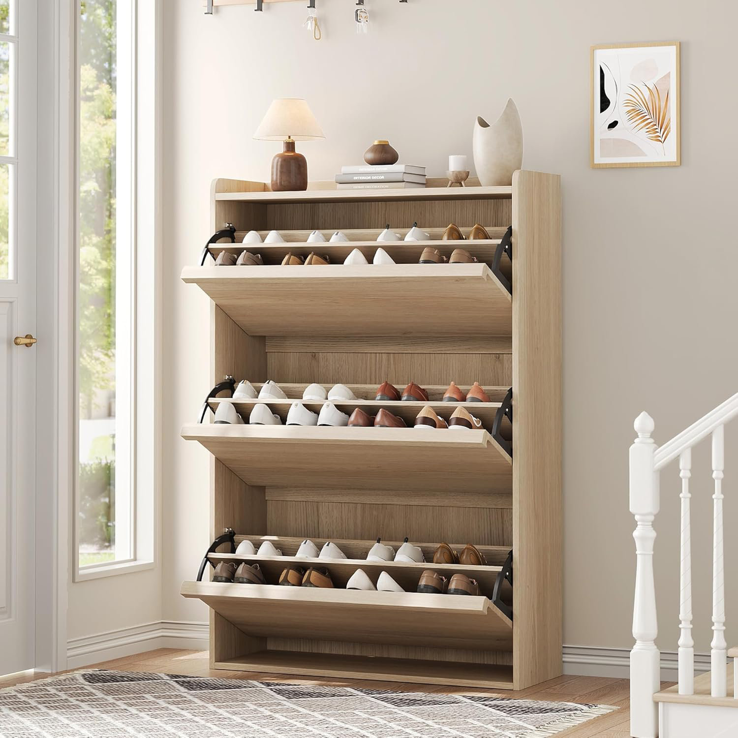 Lark Manor™ 24 Pair Shoe Cabinet with 3 Flip Drawers, Wooden Shoe ...