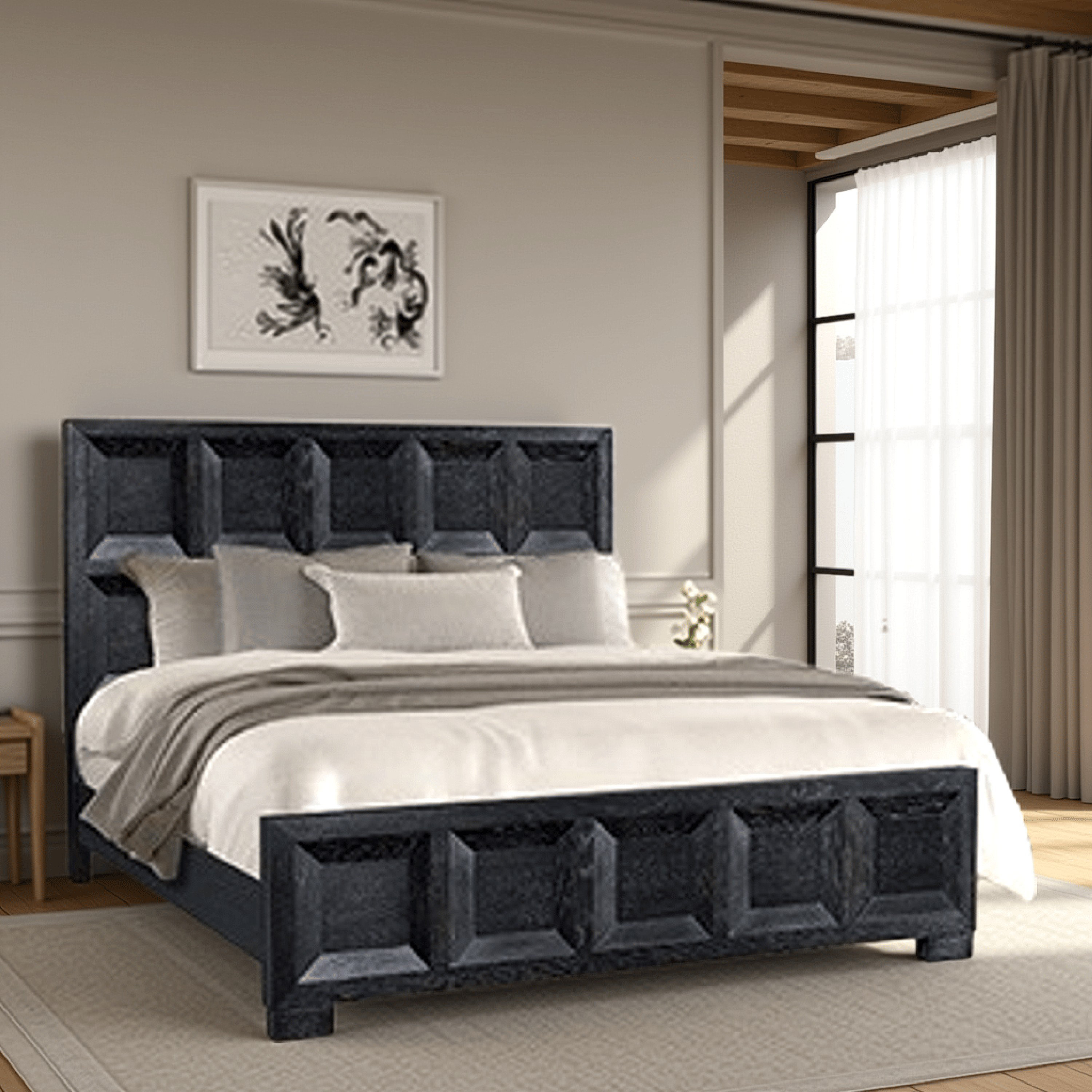 Benjara Kizie King Bed, Classic Recessed Panel, Weathered Black Solid ...