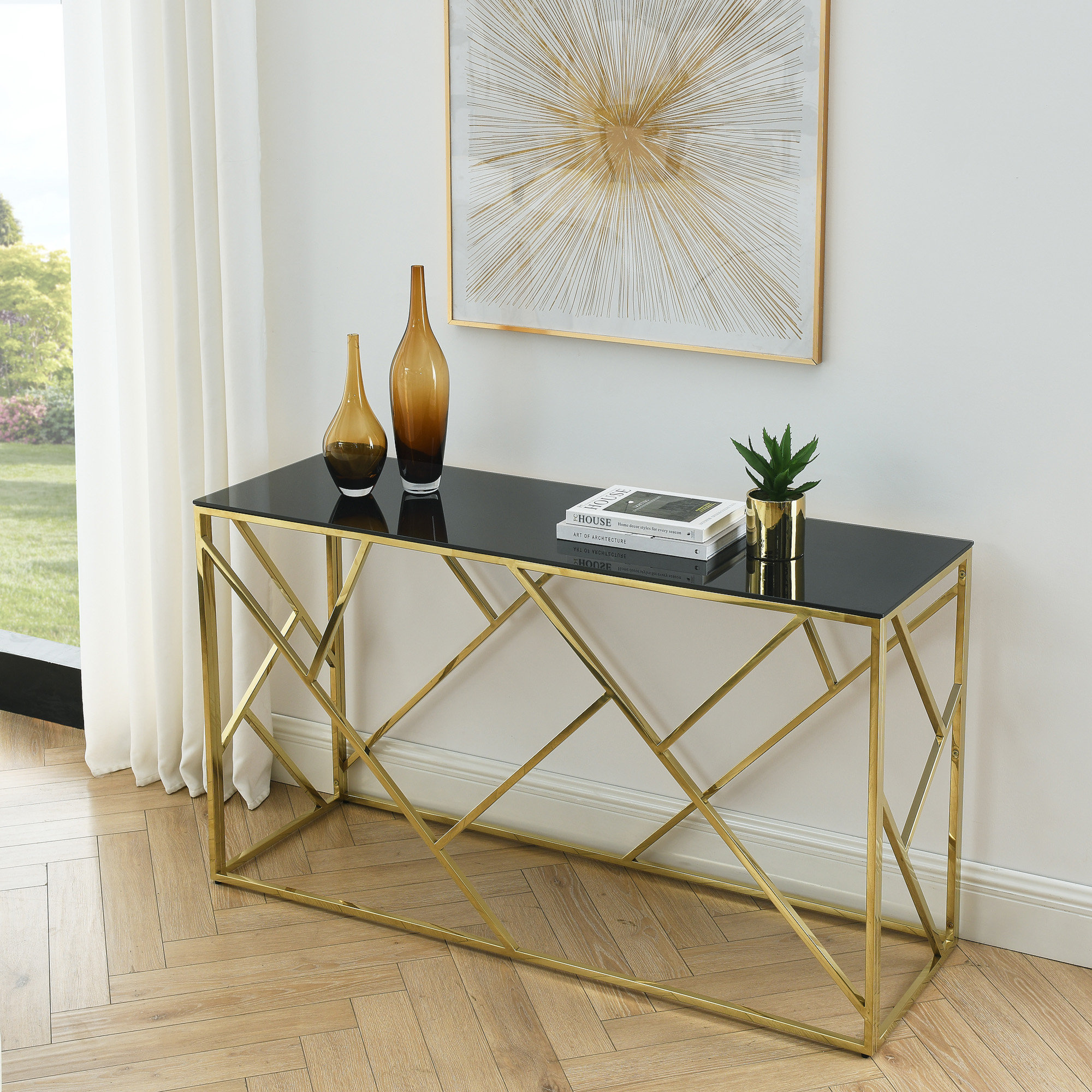 Latitude Run® Modern Glass Console Table, 55" Gold Sofa Table With ...