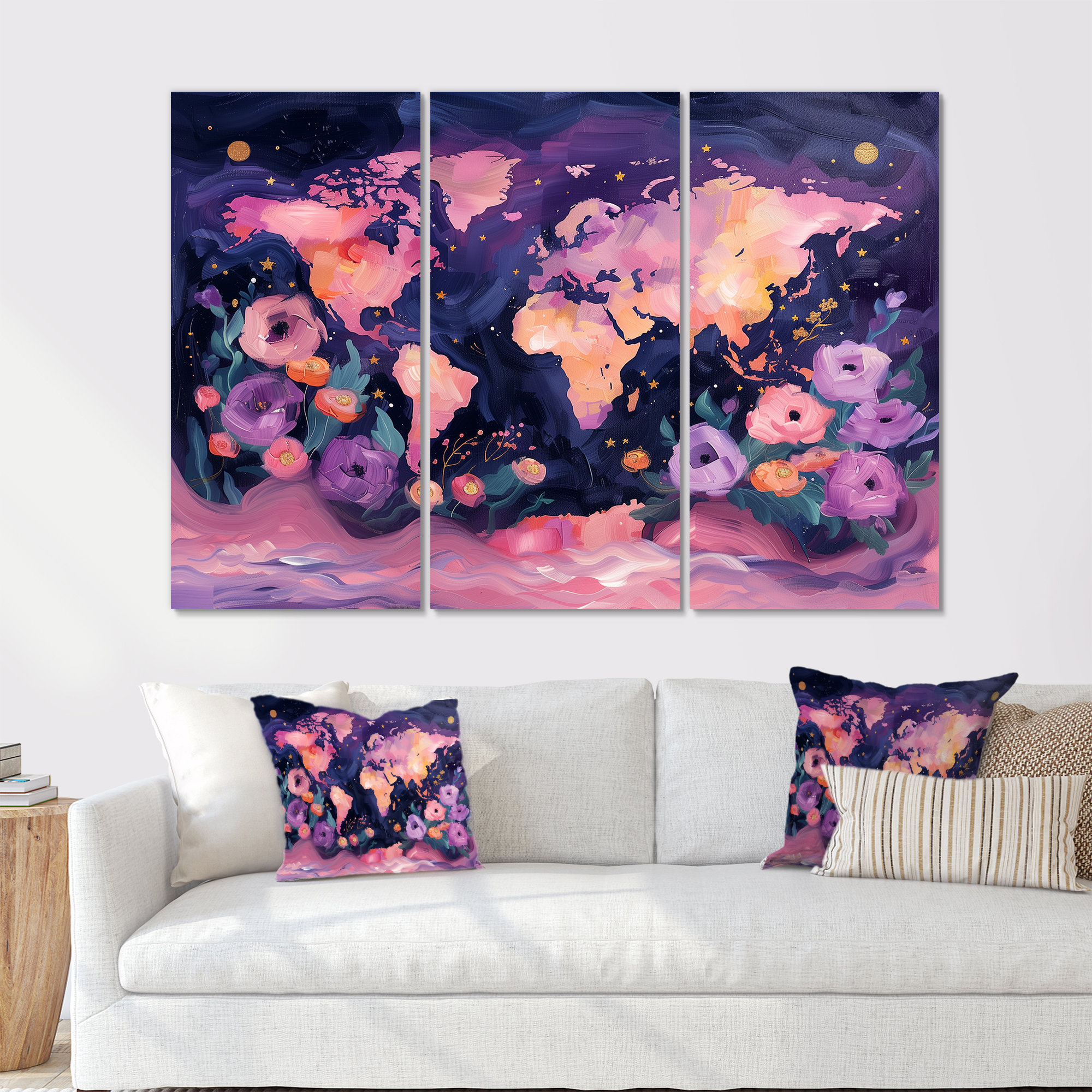Dakota Fields Pink Purple World Map Blooms II - World Map Wall Art ...