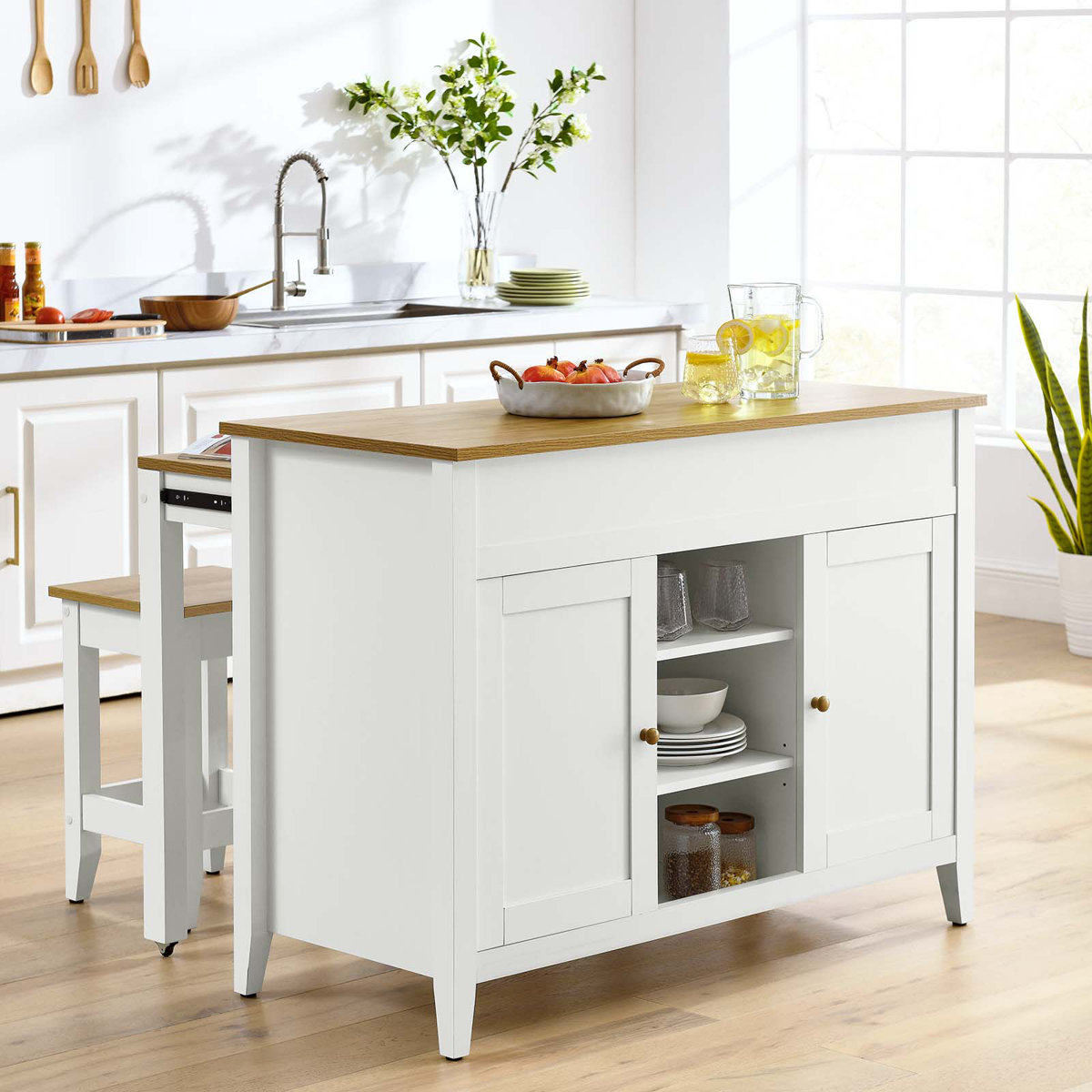Modway Garland 3-Piece Kitchen Island And Stool Set In Oak White | Wayfair