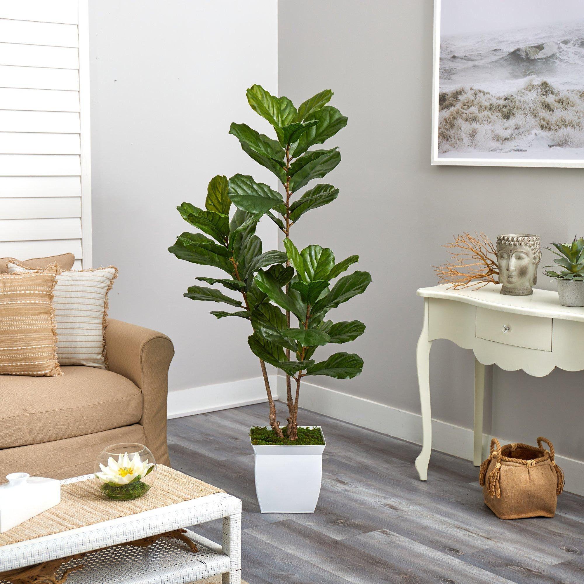 Primrue 5.5ft. Fiddle Leaf Artificial Tree in White Metal Planter UV ...