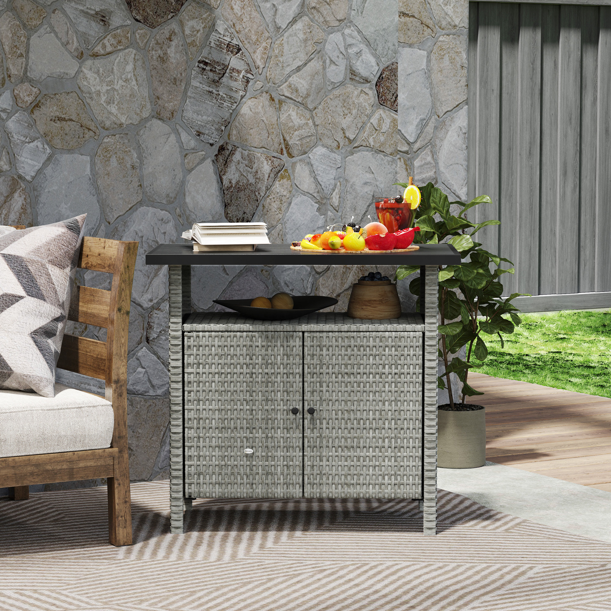 Outsunny Wicker Outdoor Storage Cabinet, Rattan Outdoor Bar Table with ...