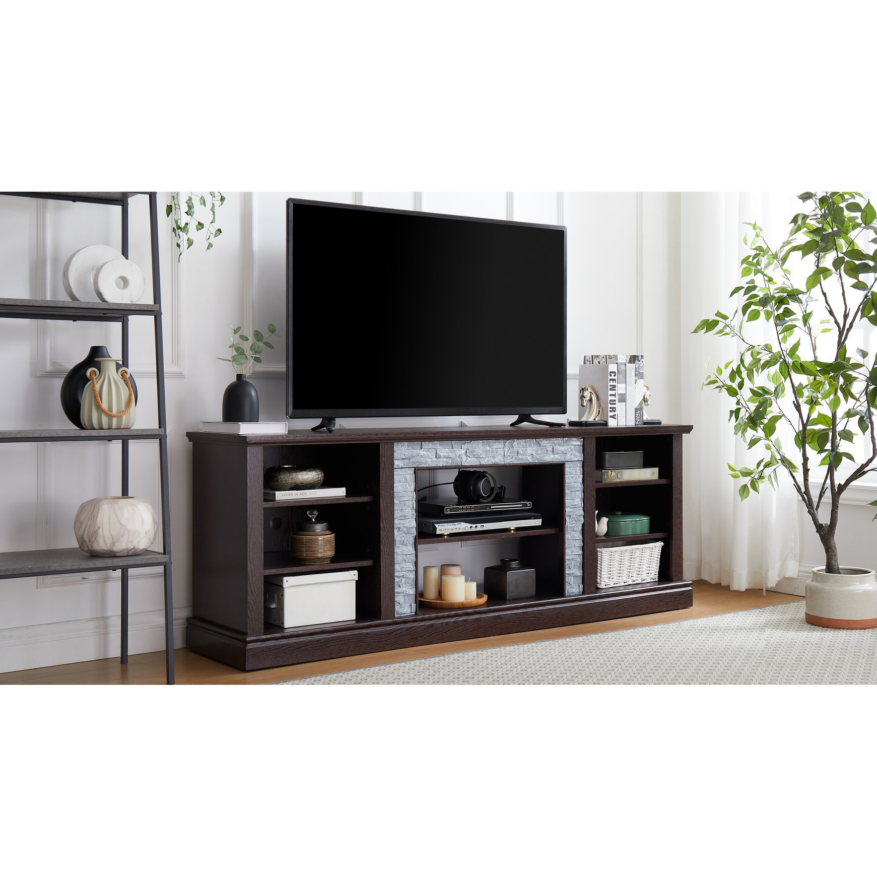 Red Barrel Studio Large Faux Stacked Stone Tv Stand, Cherry Finish, 69. ...
