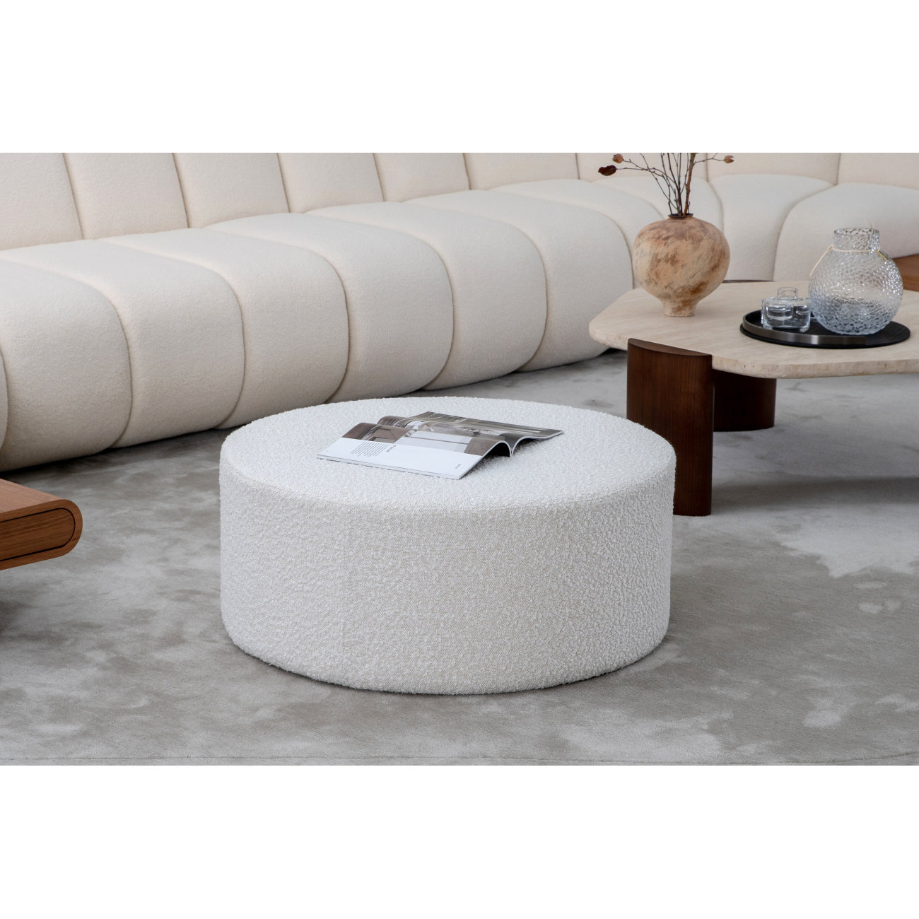 House of Hampton Round Coffee Table, Boucle Upholstered End Table, Functions As Side Table ...