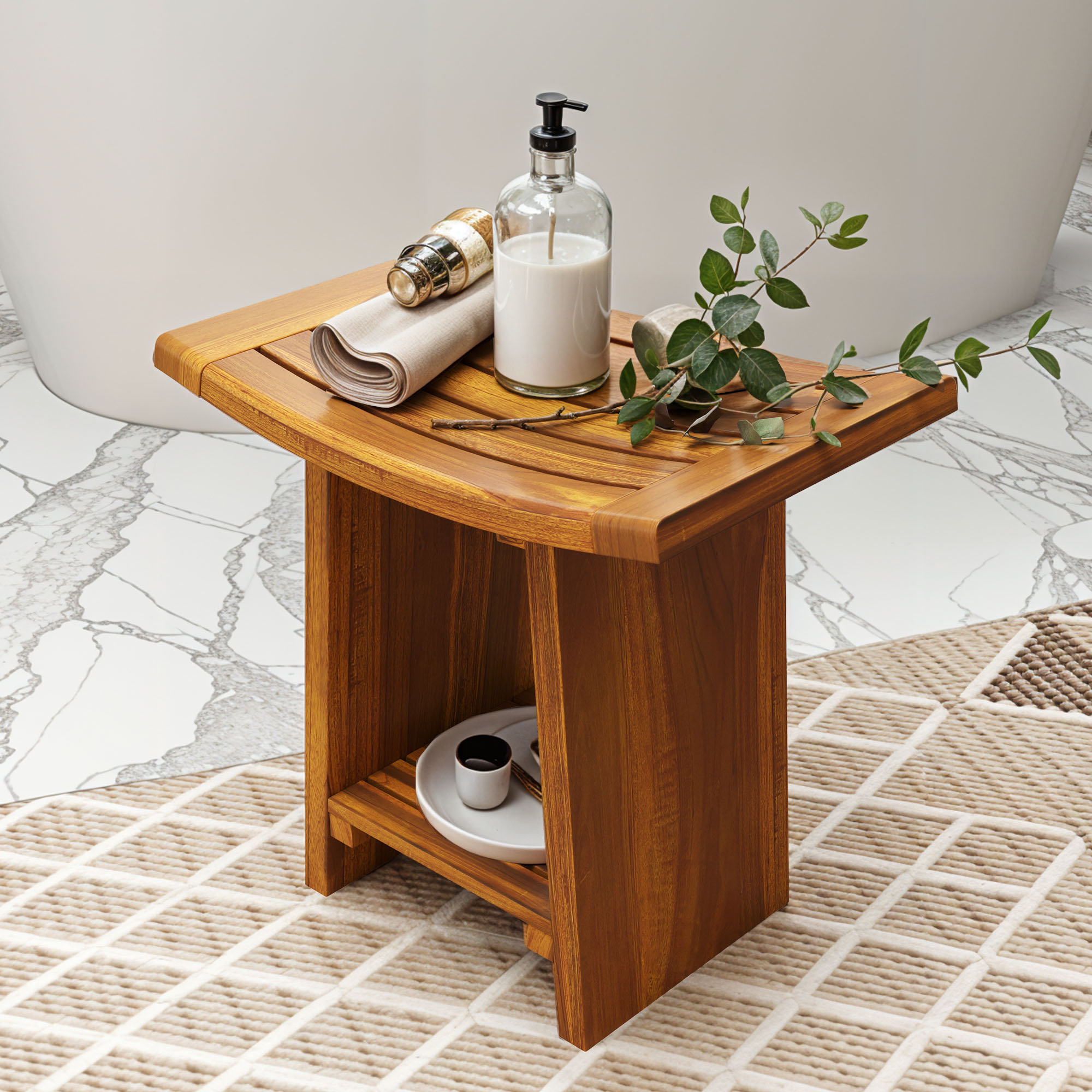 Lark Manor™ Teak Shower Bench with Lower Shelves | Wayfair