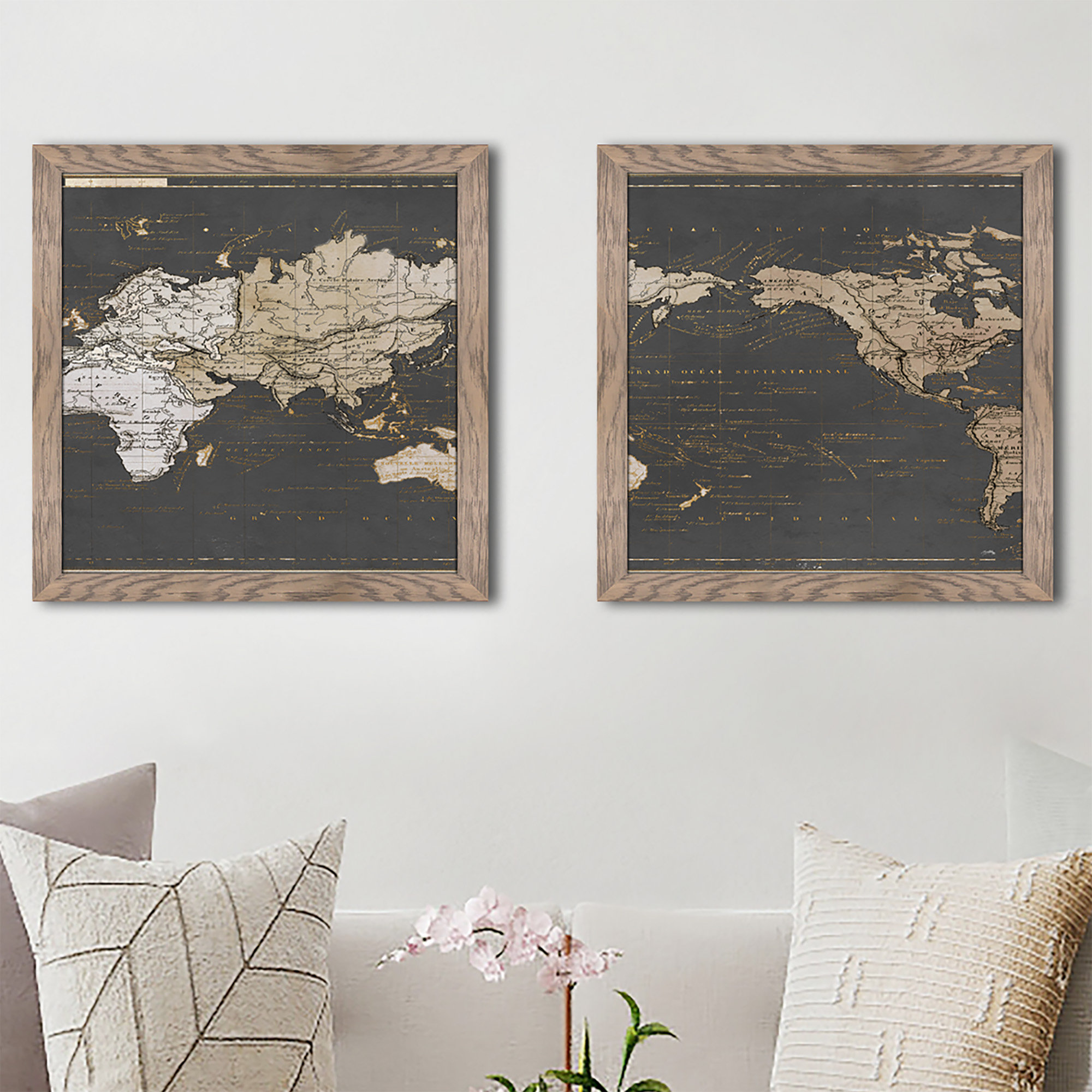 17 Stories "World Map In Gold And Grey" 2 Piece Print Under Acrylic ...