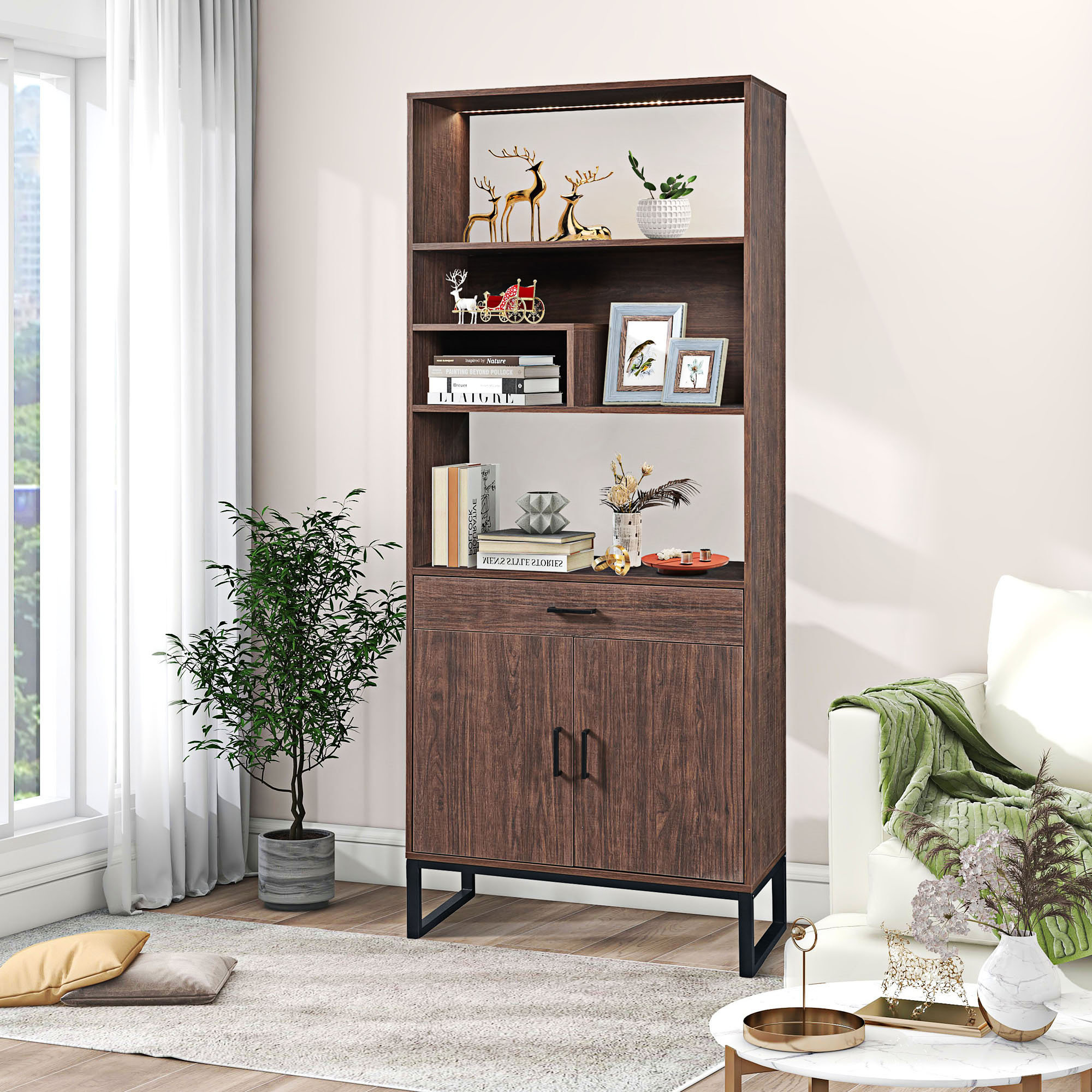 17 Stories Free Standing Display Rack Open Bookshelf Cabinet with Doors ...