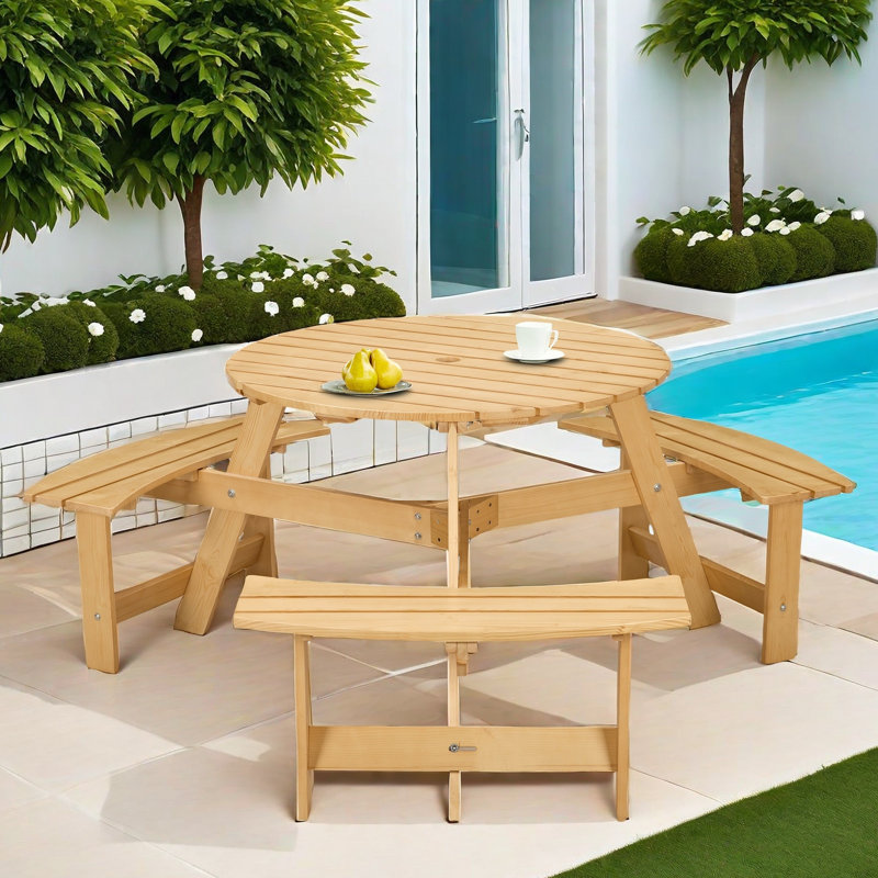 Latitude Run® Evislandys Outdoor 6-Person Round Picnic Table with 3 ...