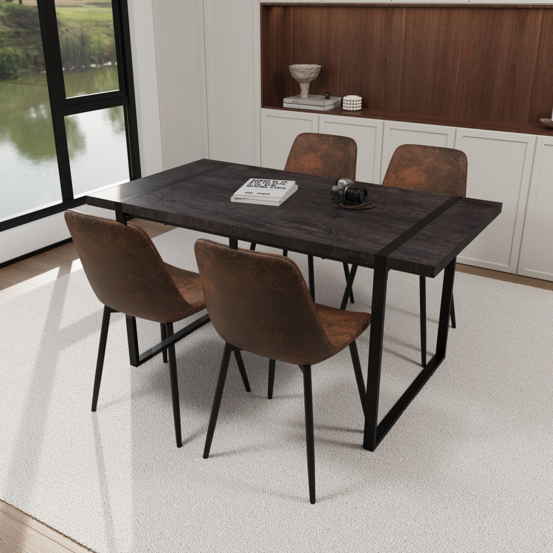 17 Stories MDF black wooden dining table and modern dining chair 4 ...