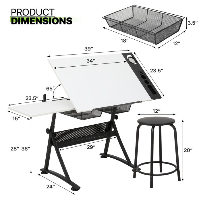 Bring Home Furniture Draft Desk Drawing Table with Stool Set, Height ...