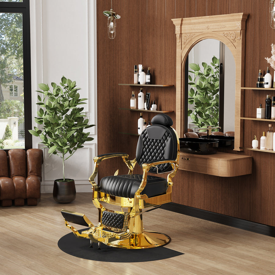 Inbox Zero Black And Gold Barber Chair, Reclining Salon Chair With ...
