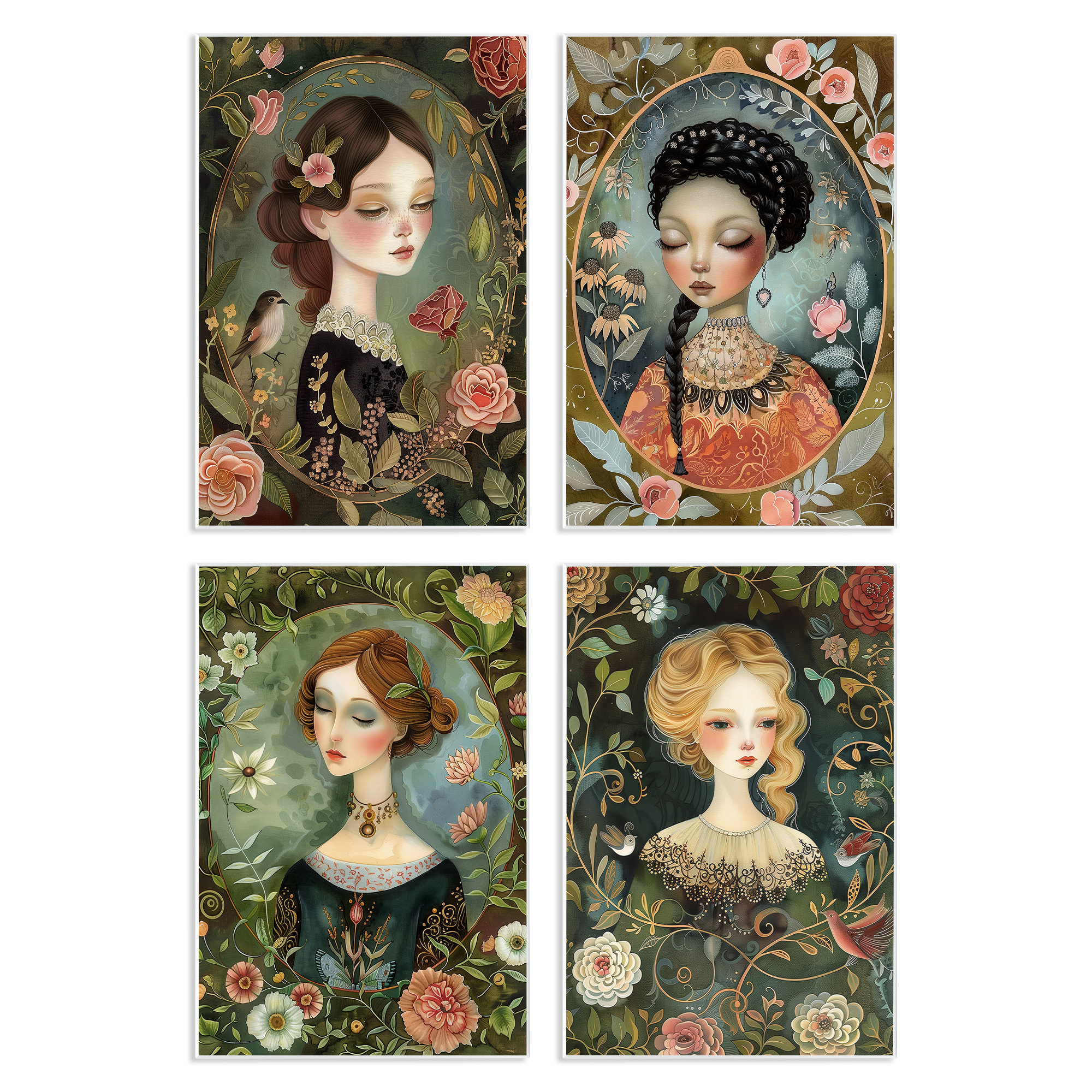 Astoria Grand Nouveau Ladies with Floral Borders 4 Piece Wall Plaque ...