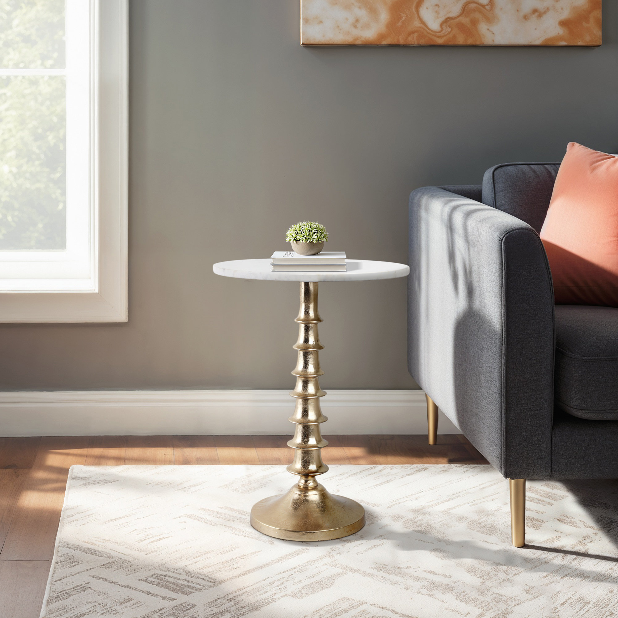 Mercer41 Round White Marble Metal Accent Table With Sculpted Base Boho ...