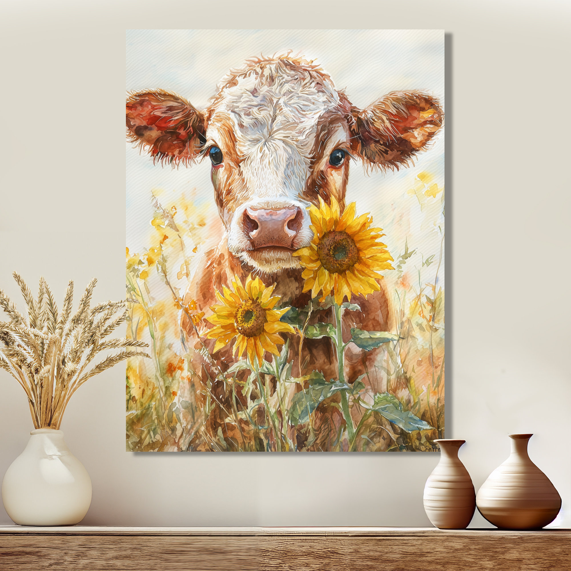 Ivy Bronx Cow Painting With Sunflowers III - Modern Metal Art Print ...