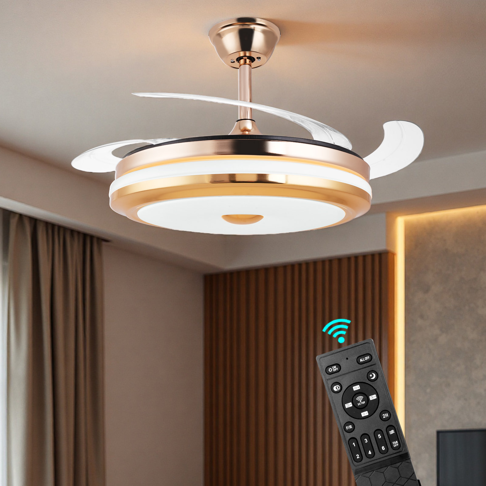 Ivy Bronx Retractable Invisible Ceiling Fan With Led Light With Remote ...