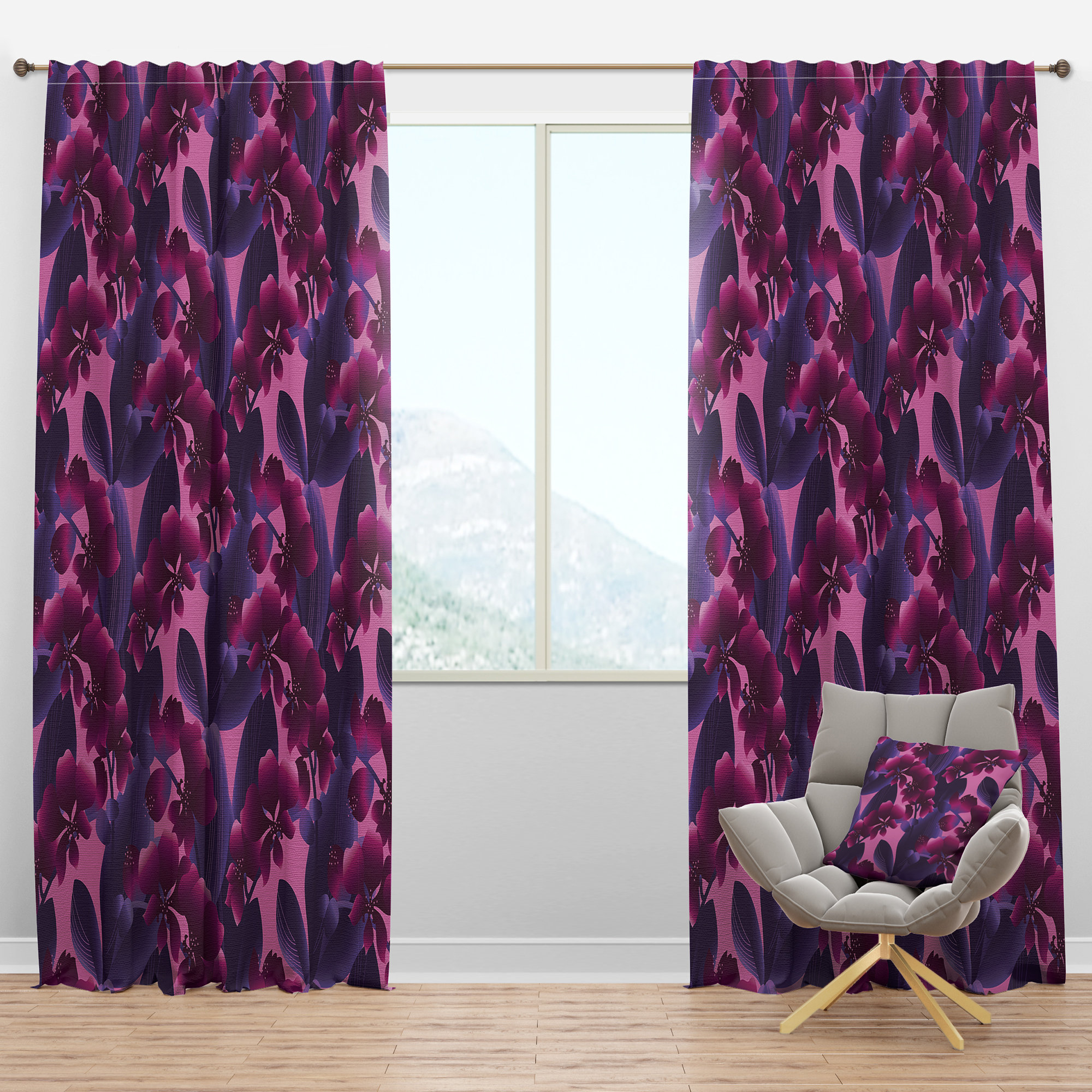 Design Art Orchid blossom colorful pattern - Mid-Century Curtain ...
