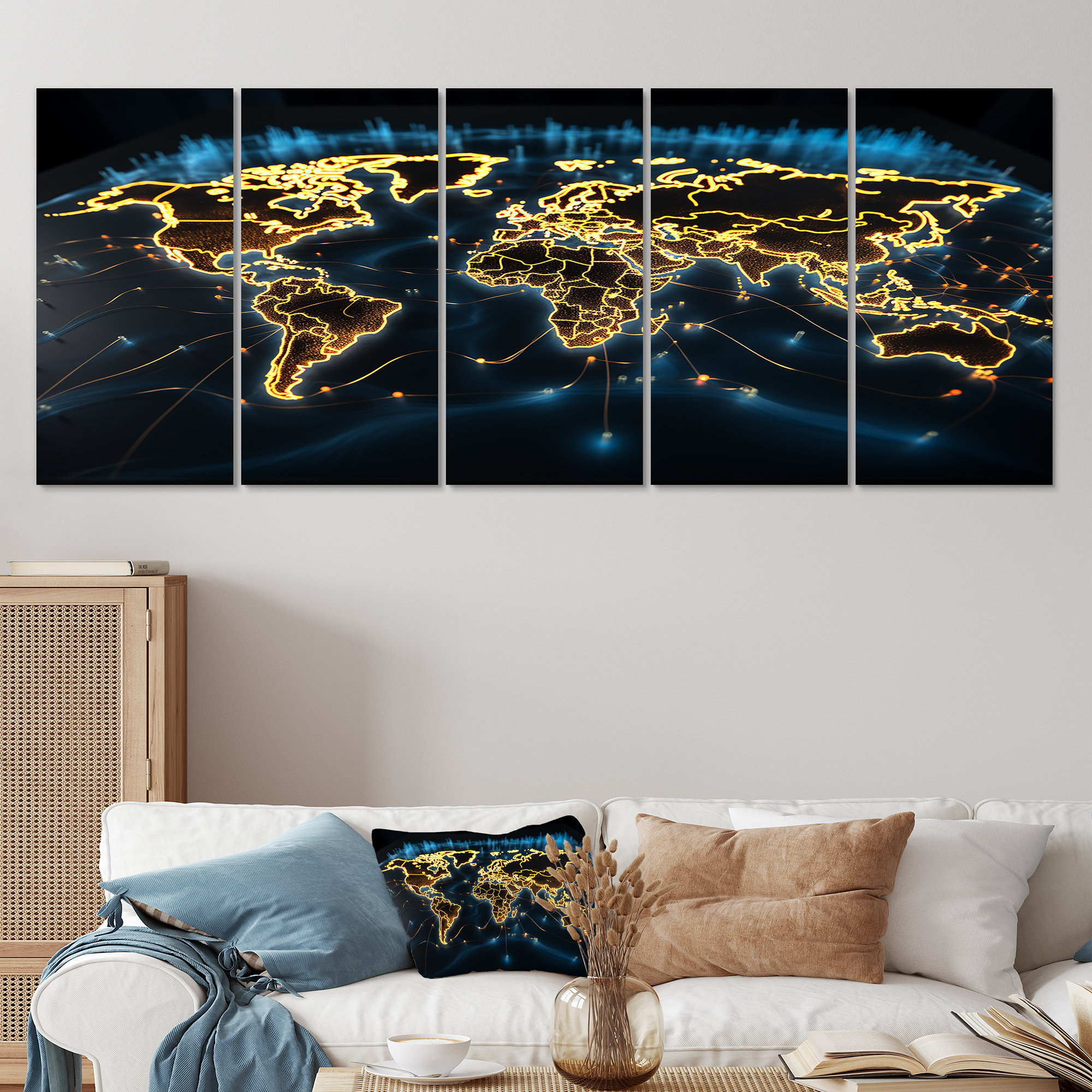 17 Stories Golden Radiant Map Of The World - World Map Wall Art Decor 5 ...